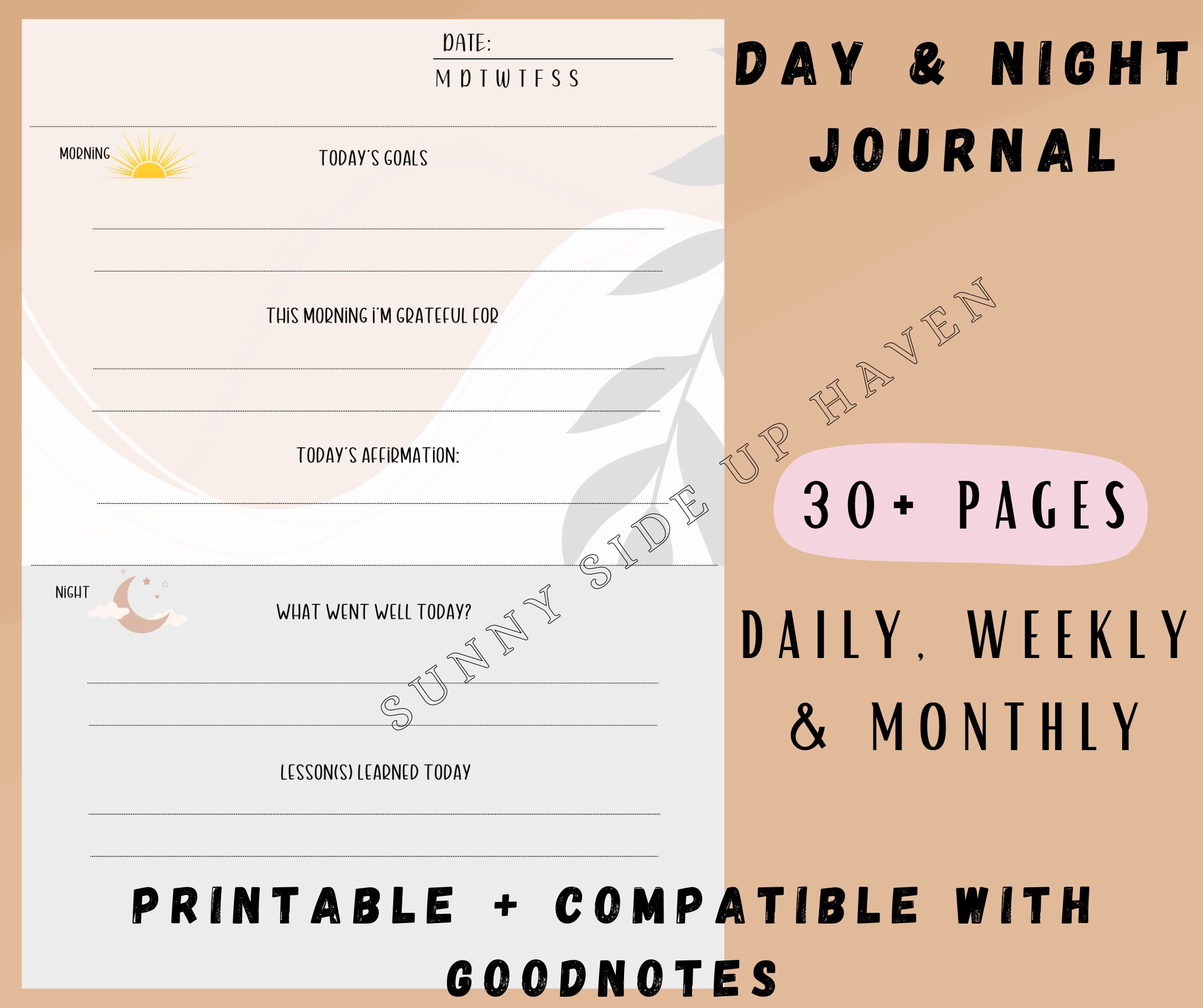 Day & Night Reflection Journal minimalist, Printable Digital Mental ...