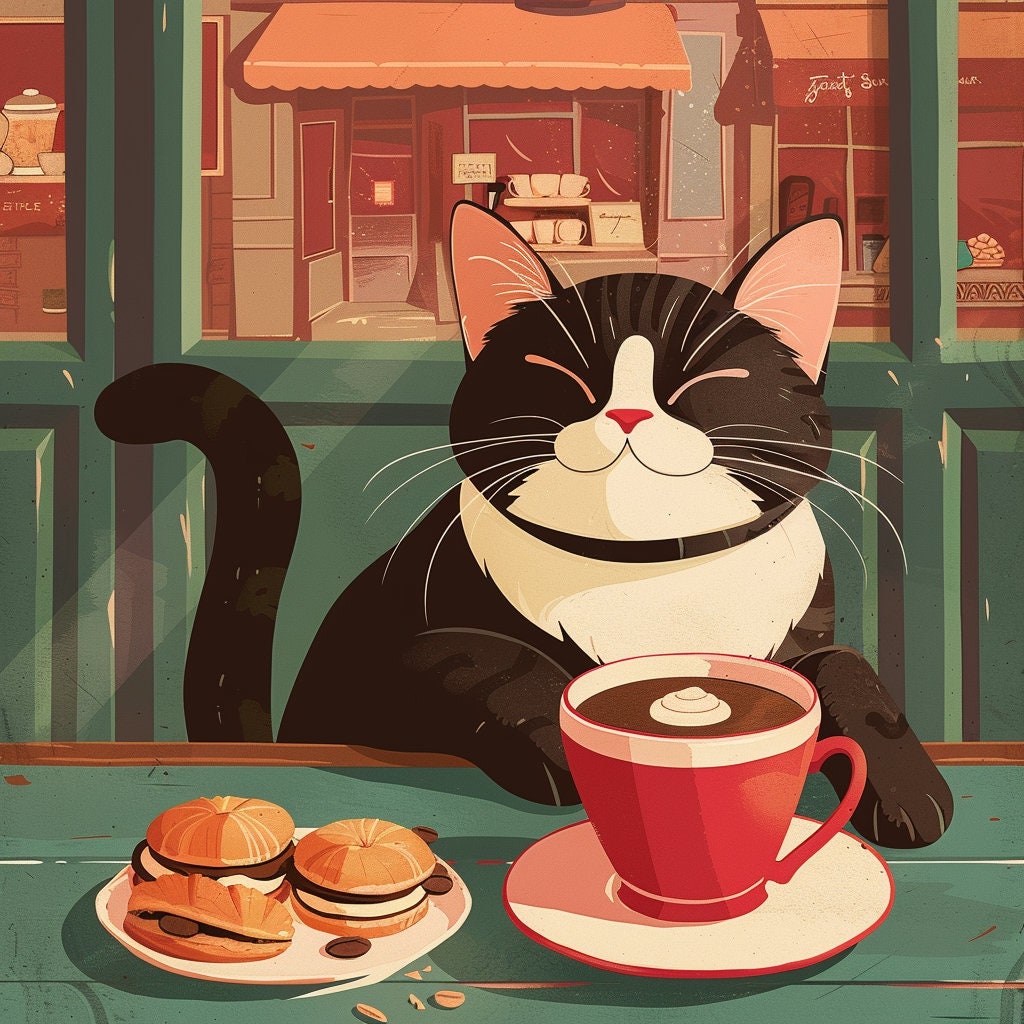 Printable Retro French Cat in Cafe Paradise Digital Wall Art Coffee ...