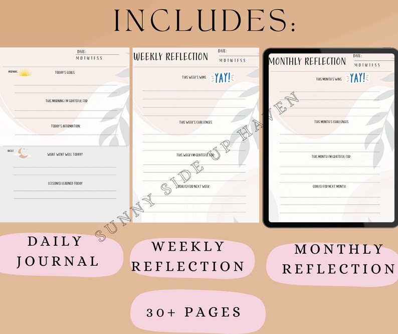 Day & Night Reflection Journal minimalist, Printable Digital Mental ...