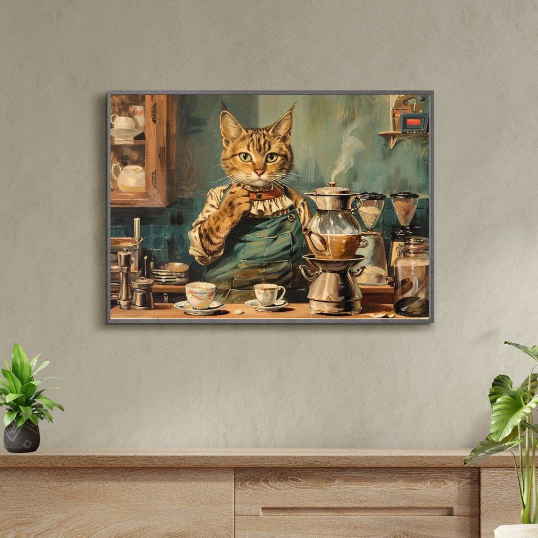 Printable Retro Coffee Station Decor Cat Barista Cafe Digital Wall Art ...