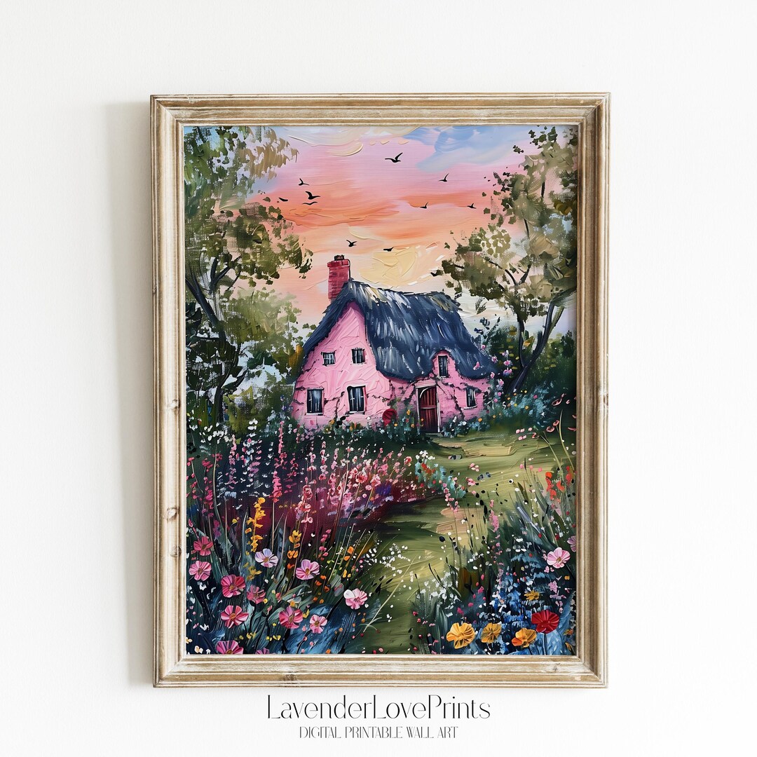 Pink Thatched Cottage Printable Wall Art English Meadow Landscape With ...