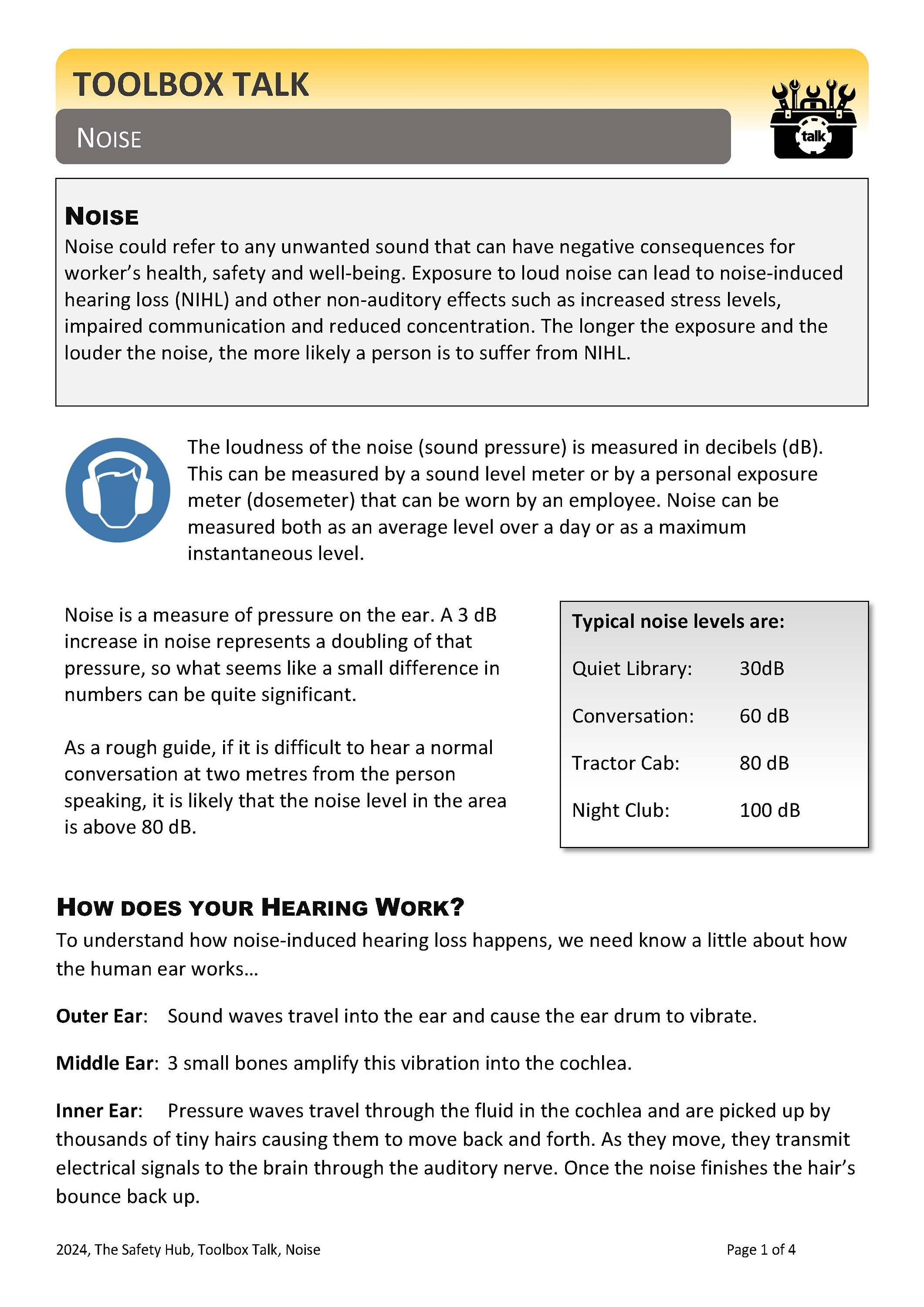 Health and Safety Toolbox Talk on Noise. Hearing, Health Effects, Legislation, Noise Reduction ...