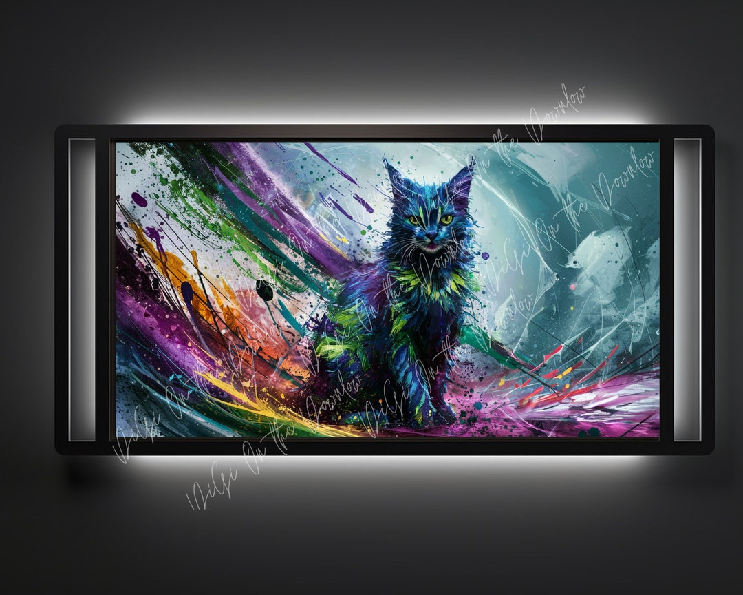 Vibrant Feline Flair: Colorful Splatter Cat Digital Art for TV Frame ...