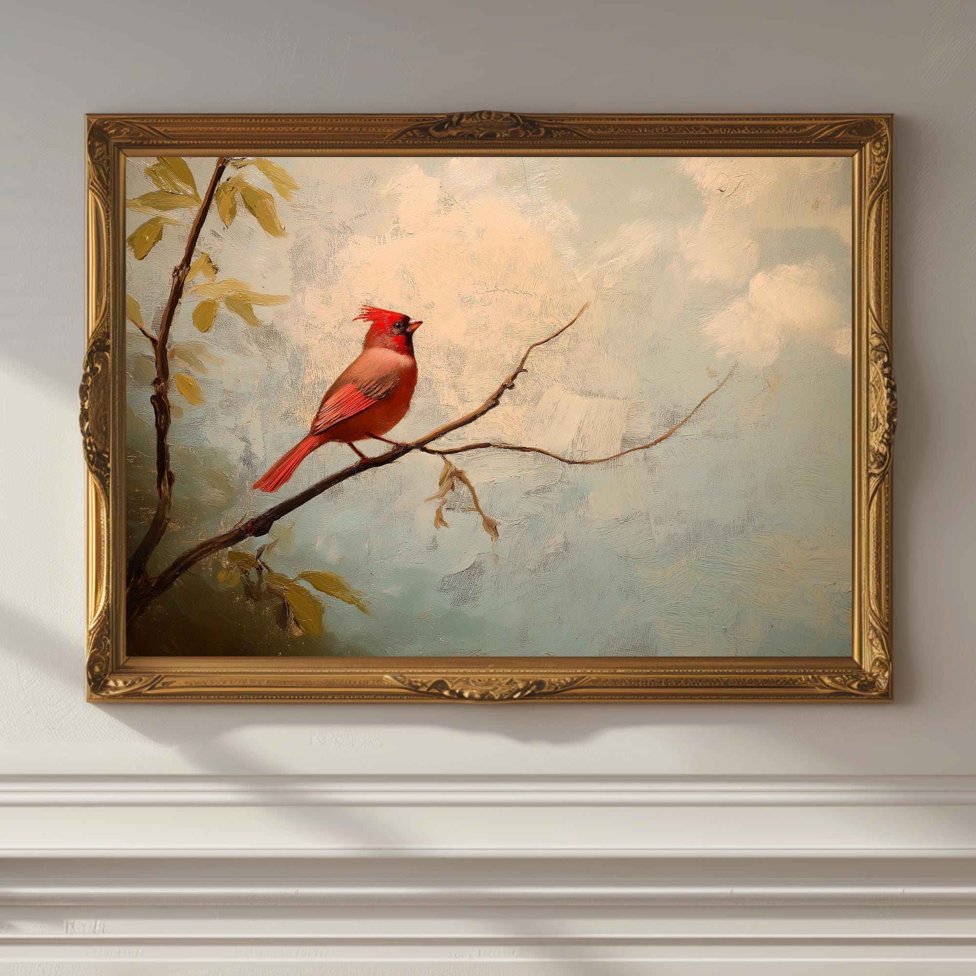 Red Cardinal - Bird on Tree Branch Painting - Fine Art Print - Vintage ...