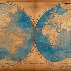 Samsung TV Frame Art - Rustic Old Map - Double Hemisphere - Blue ...