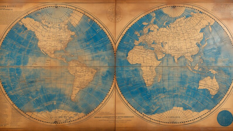Samsung TV Frame Art - Rustic Old Map - Double Hemisphere - Blue ...