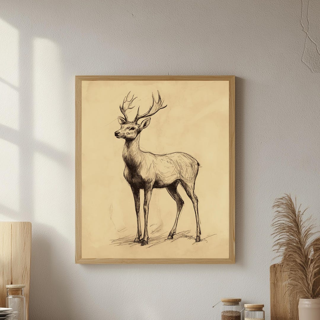 Rustic Sketch Drawing - Deer - Buck - Country Art Print - Farmhouse ...
