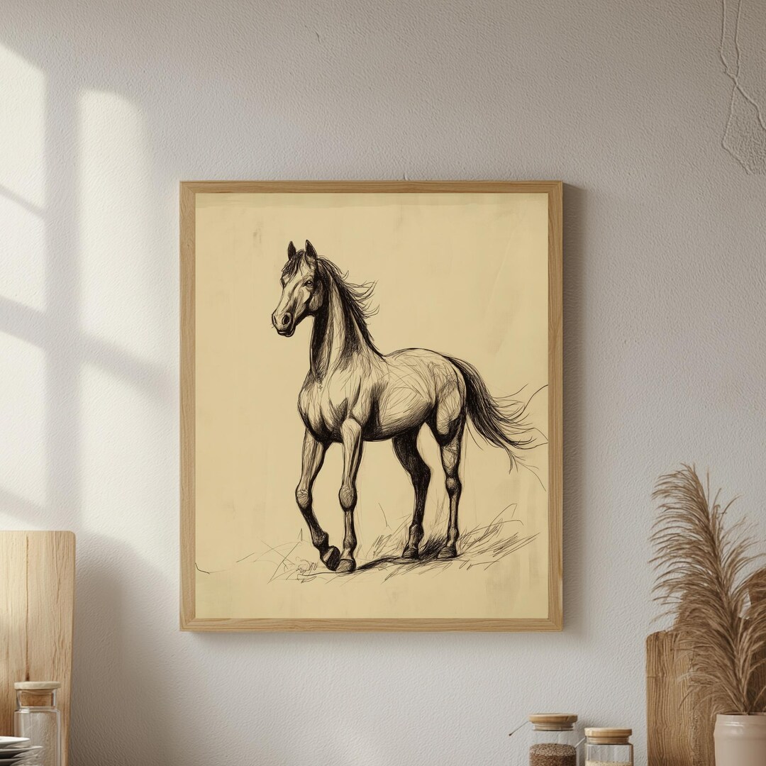 Rustic Sketch Drawing - Horse - Farm, Country Art Print - Farmhouse ...