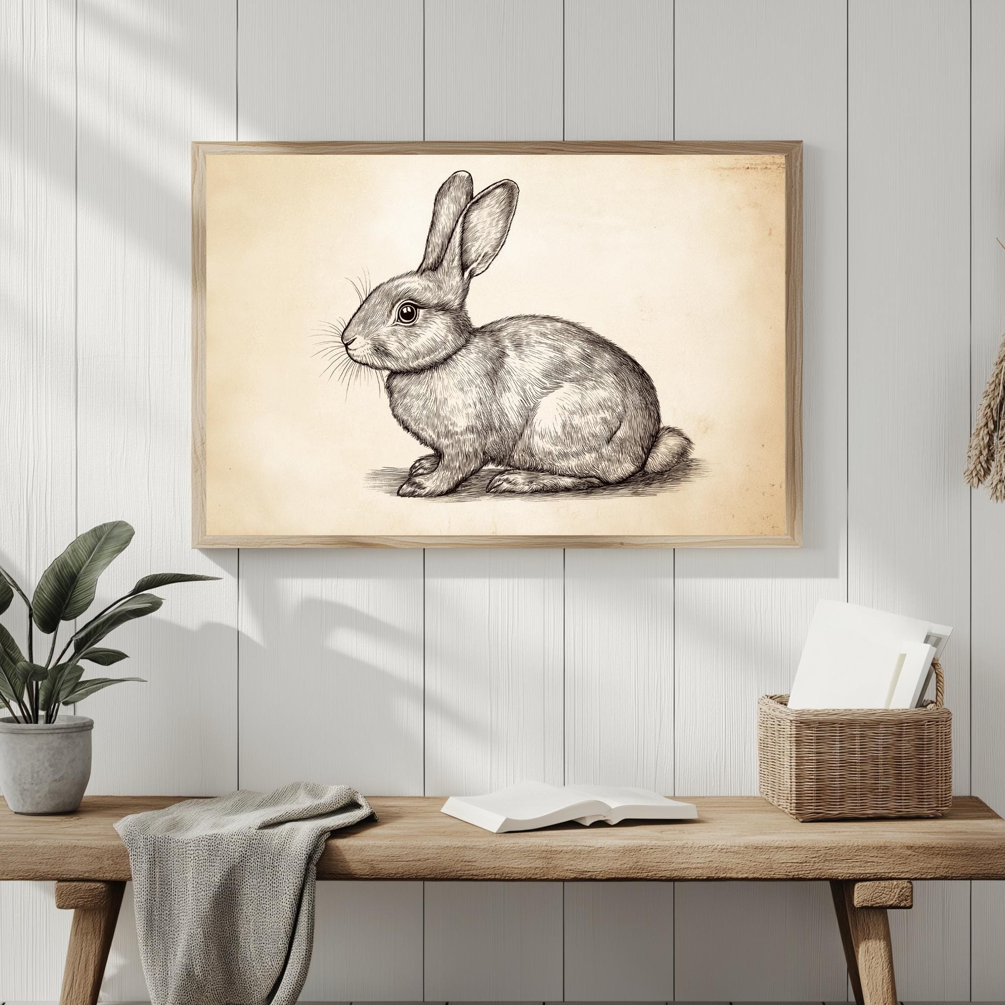 Vintage Rabbit Sketch Drawing - Fine Art Print - Vintage - Rustic Muted ...