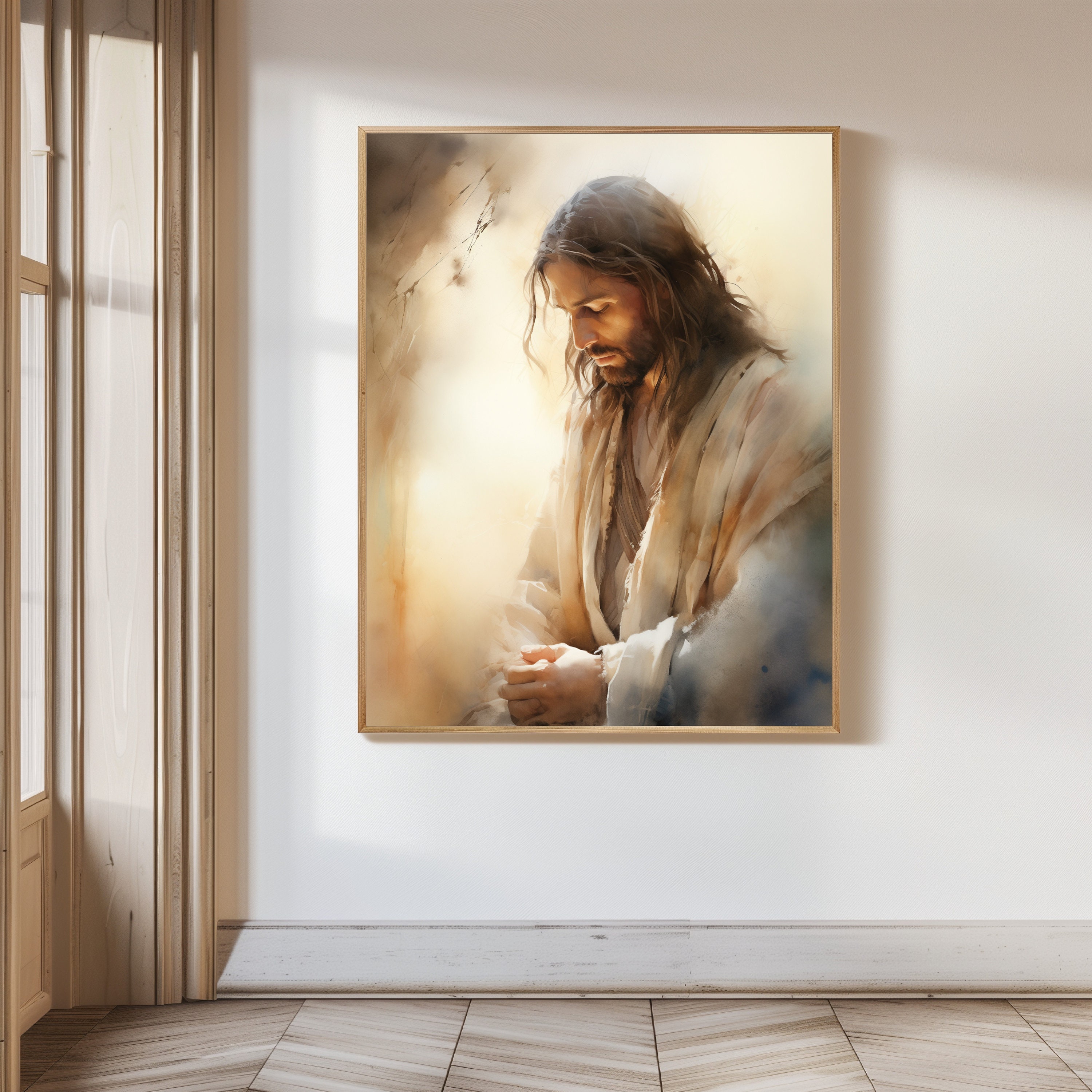 Jesus Praying Watercolor Painting Modern Christian Art Print Digital ...