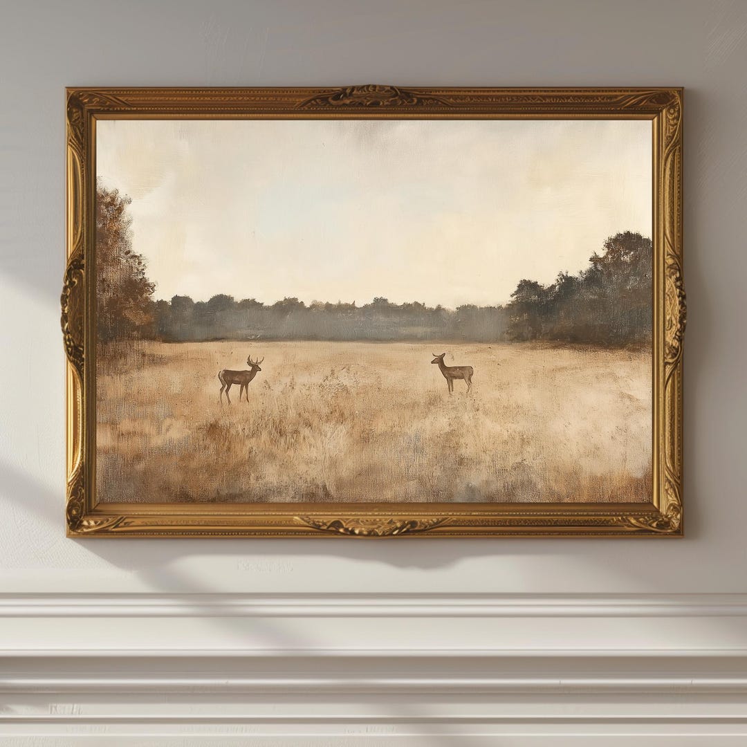 Deer in Field - Fine Art Painting - Buck - Vintage - Rustic Muted ...