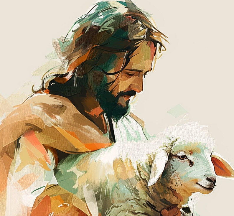 Jesus Carrying His Sheep Painting Modern Christian Art Print Digital ...