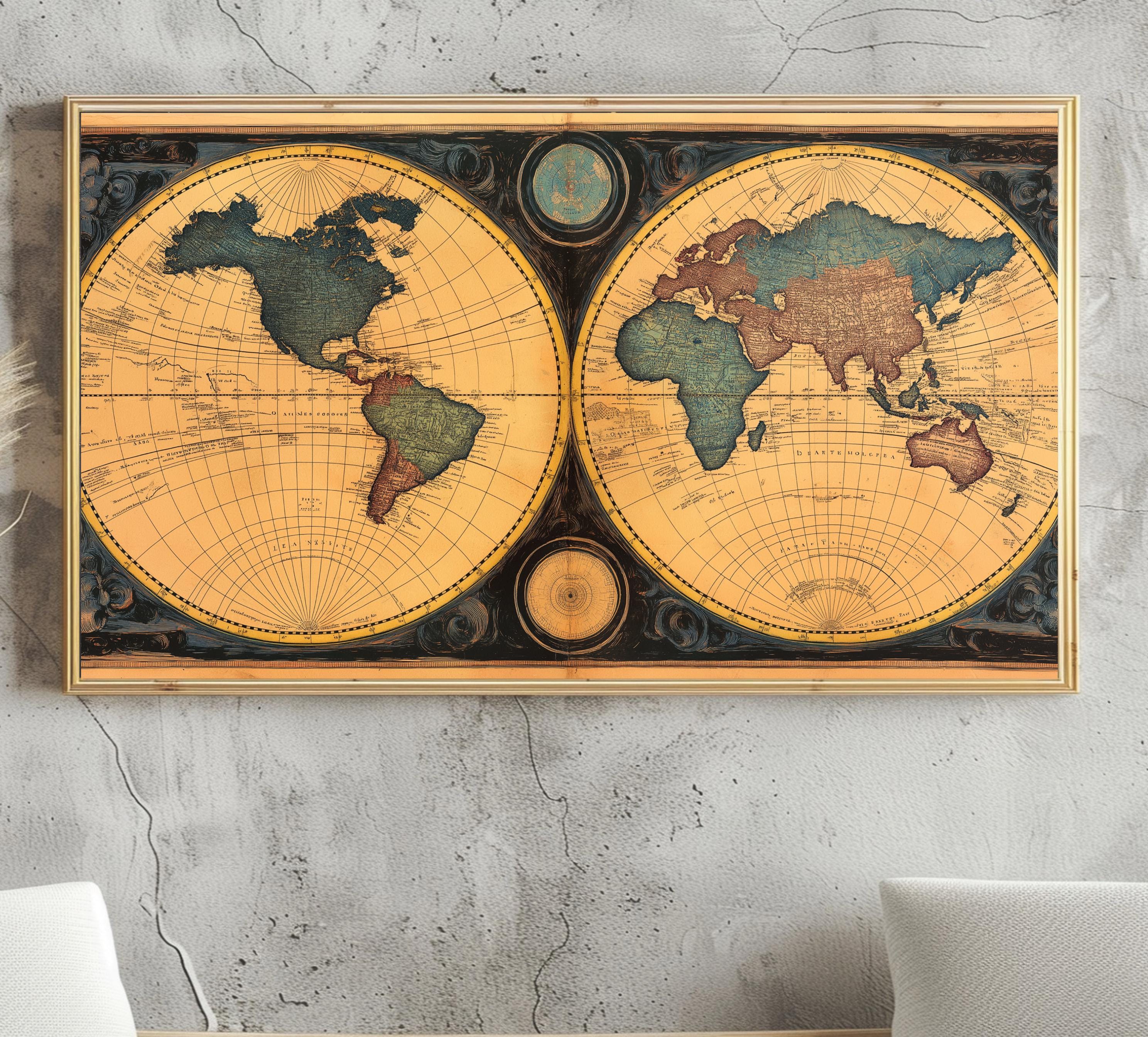 Samsung TV Frame Art - Rustic Old Map - Double Hemisphere - Dark Colors ...