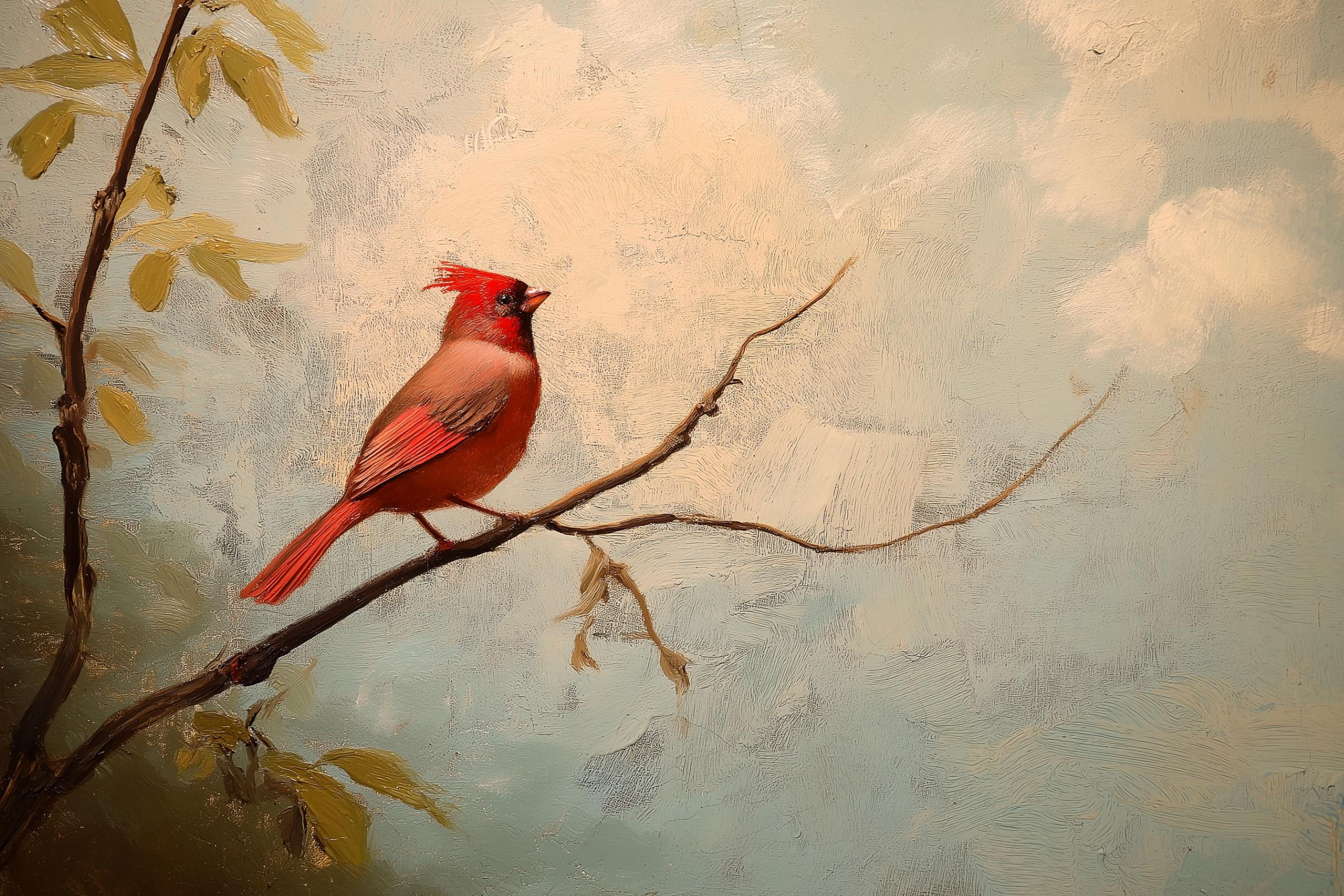 Red Cardinal - Bird on Tree Branch Painting - Fine Art Print - Vintage ...