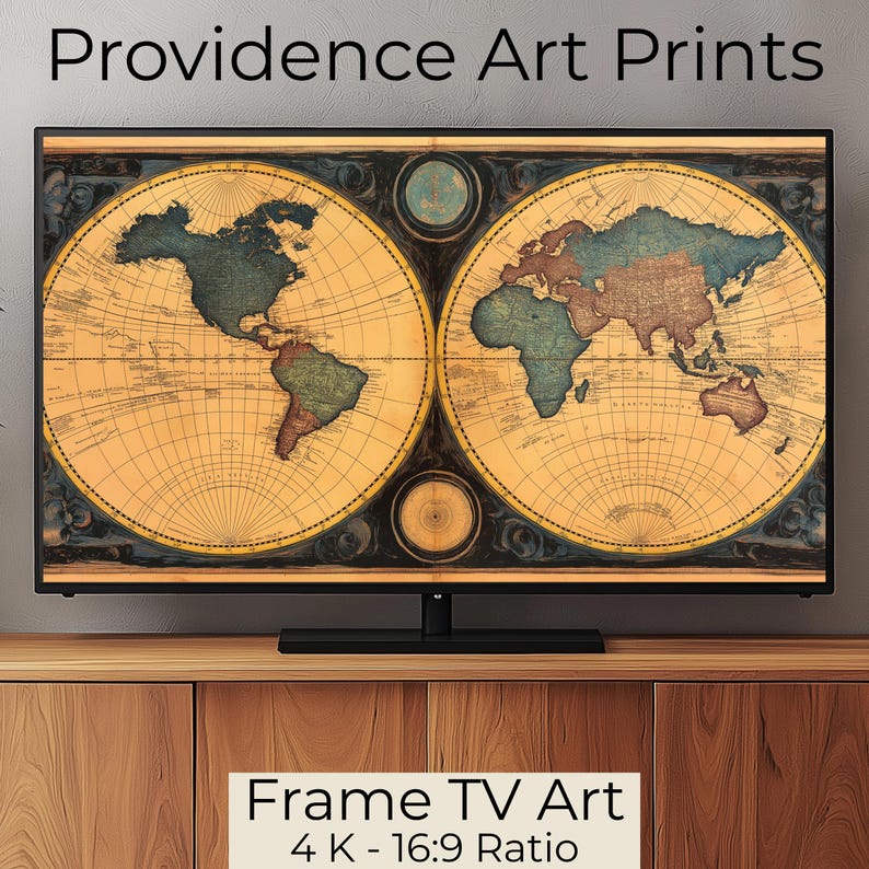 Samsung TV Frame Art - Rustic Old Map - Double Hemisphere - Dark Colors ...