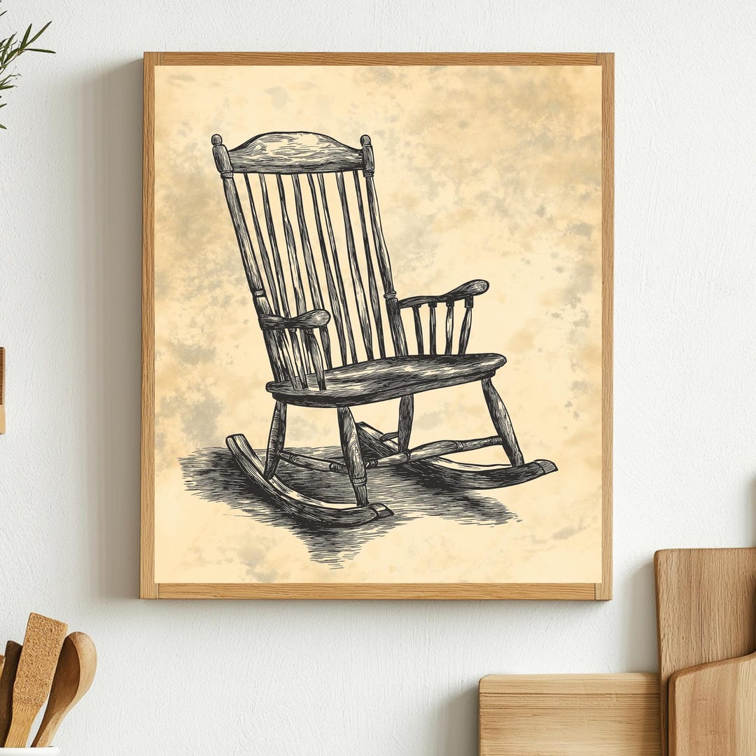 Sketch Drawing Art Print - Wood Rocking Chair Against Vintage ...