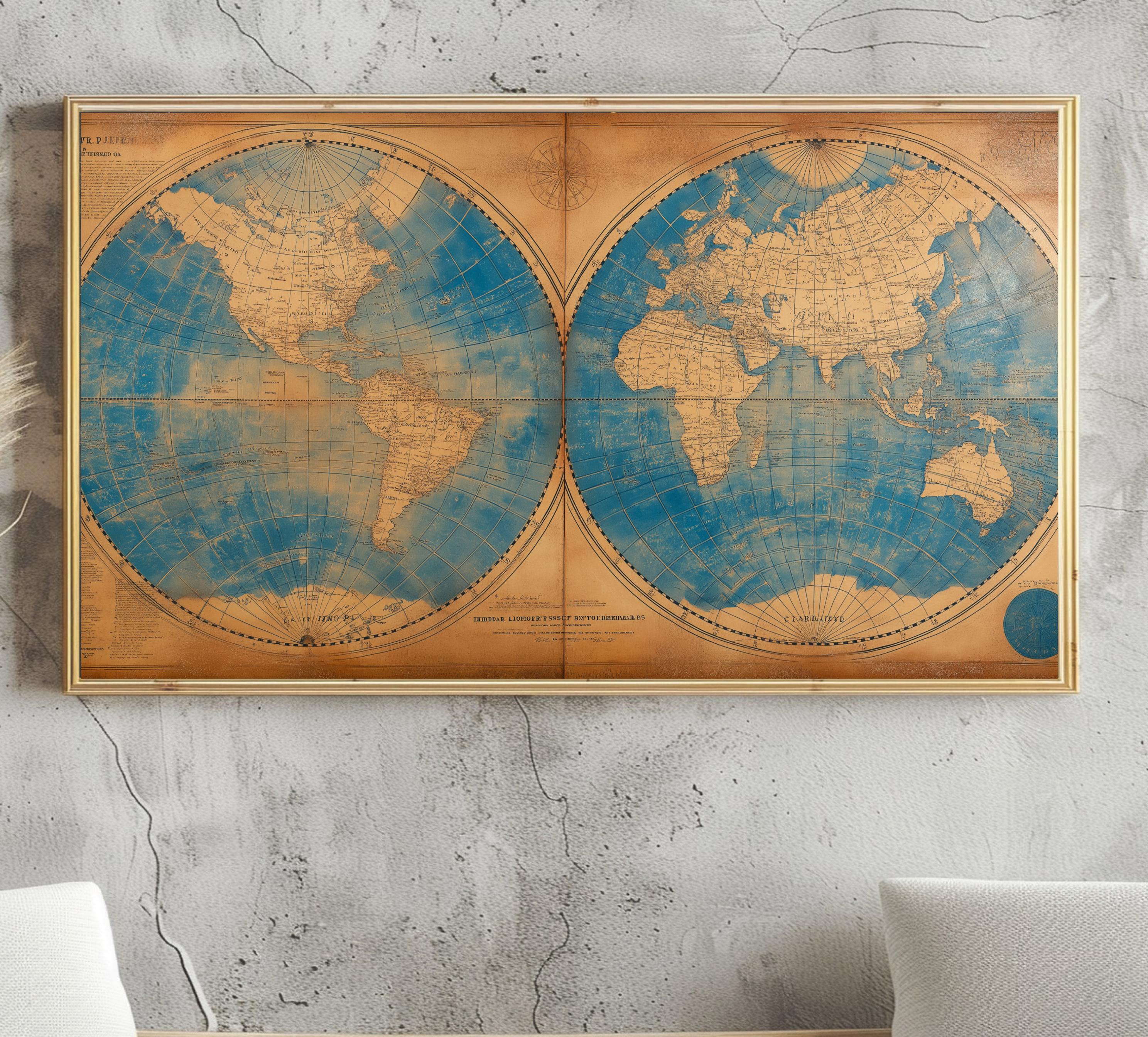Samsung TV Frame Art - Rustic Old Map - Double Hemisphere - Blue ...