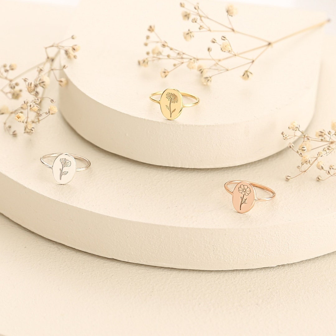 Personalized Birth Flower Ring-floral Symbol Signet Ring-birth Month ...