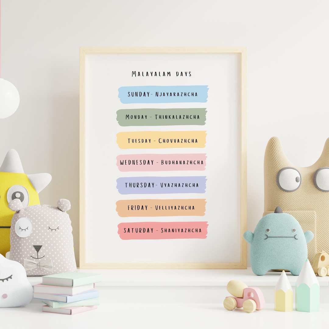English Malayalam Days of the Week Printable Digital Poster for Kids - Etsy