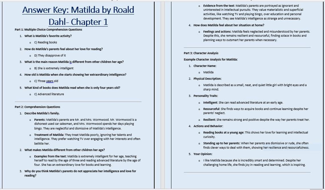 Matilda Novel Study by Roald Dahl - Etsy