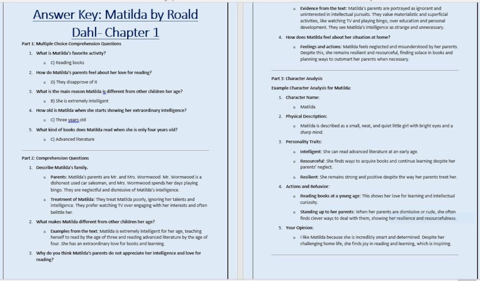 Matilda Novel Study by Roald Dahl - Etsy