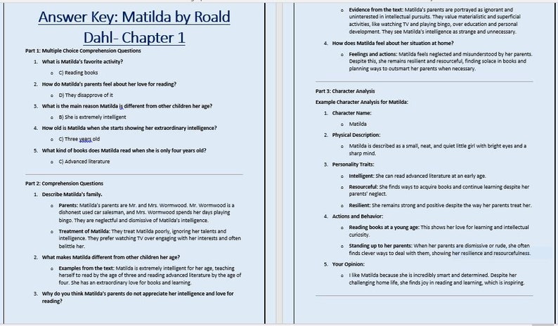 Matilda Novel Study by Roald Dahl - Etsy
