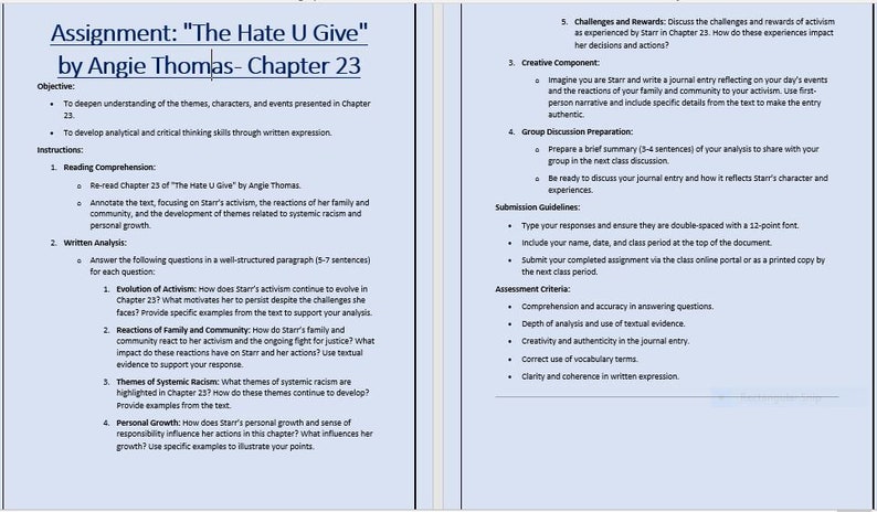 The Hate U Give by Angie Thomas Novel Study - Etsy