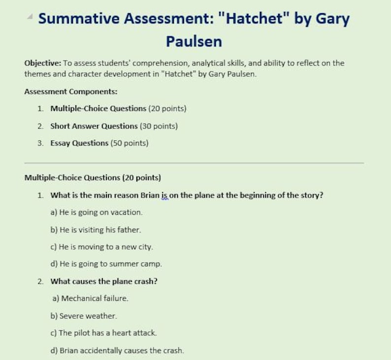 Novel Study "hatchet" - Gary Paulsen - Etsy