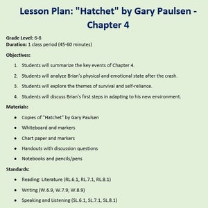 Novel Study "hatchet" - Gary Paulsen - Etsy