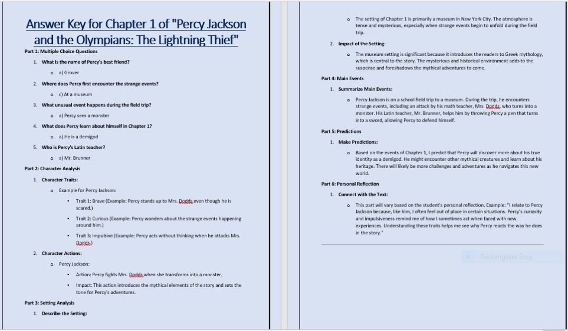 Percy Jackson and the Olympians: the Lightning Thief Novel Study - Etsy