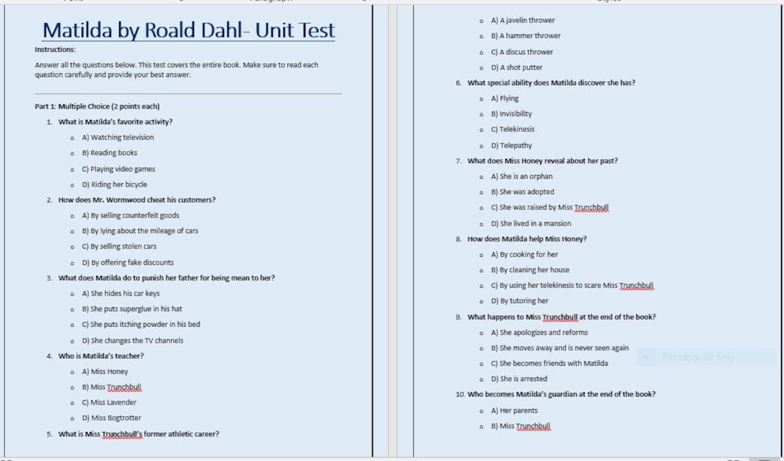 Matilda Novel Study by Roald Dahl - Etsy