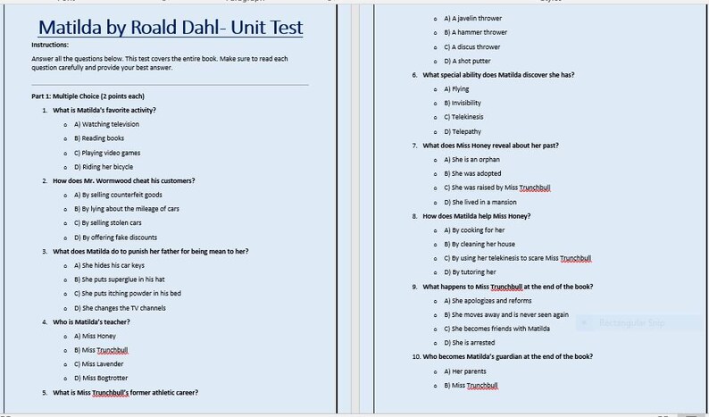 Matilda Novel Study by Roald Dahl - Etsy