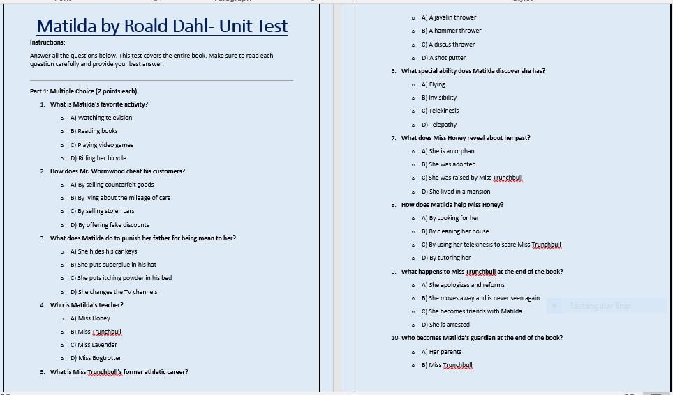 Matilda Novel Study by Roald Dahl - Etsy