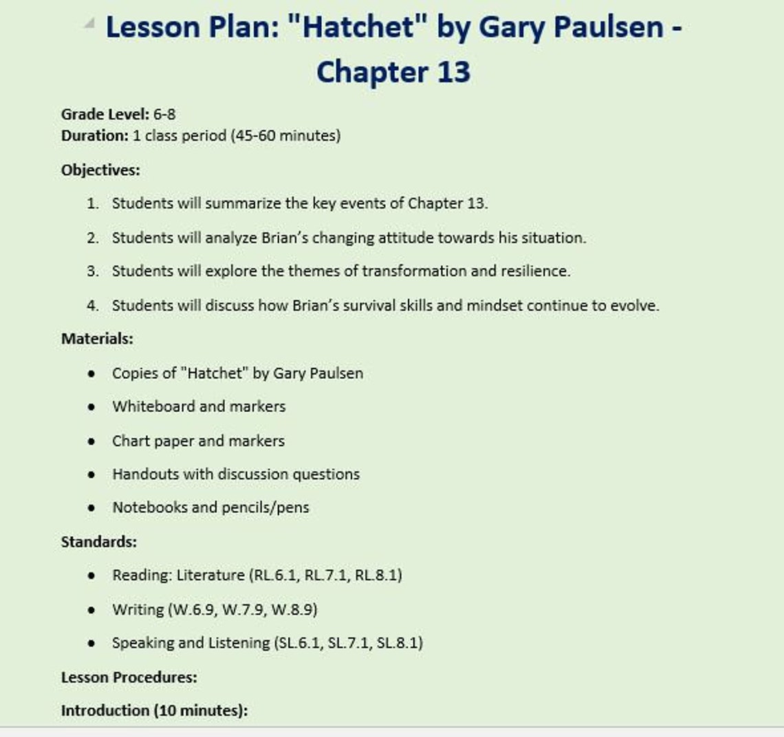 Novel Study "hatchet" - Gary Paulsen - Etsy