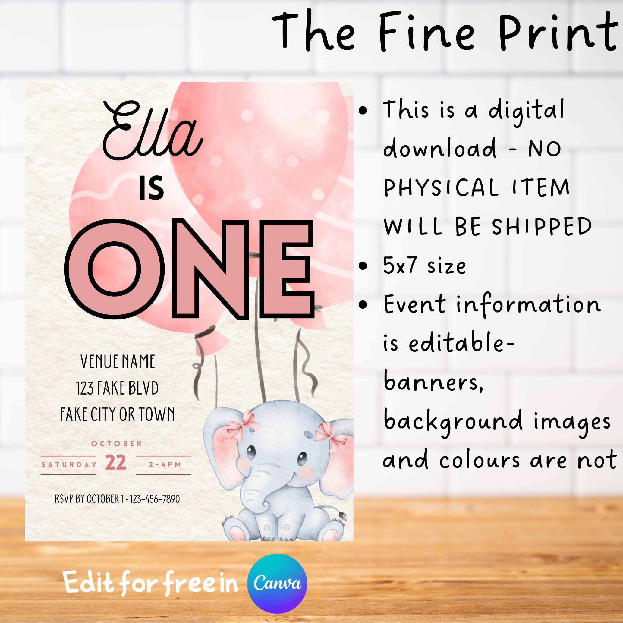 Elephant Birthday Invitation, Pink Elephant Birthday Invite, Baby Girl ...