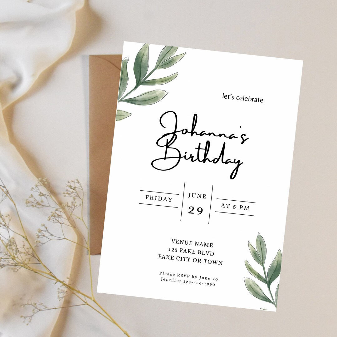 Simple Greenery Birthday Invitation, Simple Birthday Invitation, Modern ...