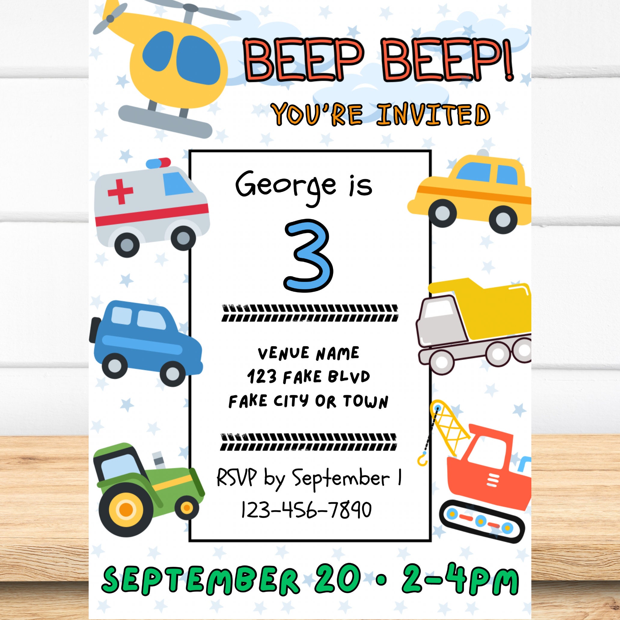 Cars and Truck Birthday Invitation, Excavator, Boys Party, Editable ...
