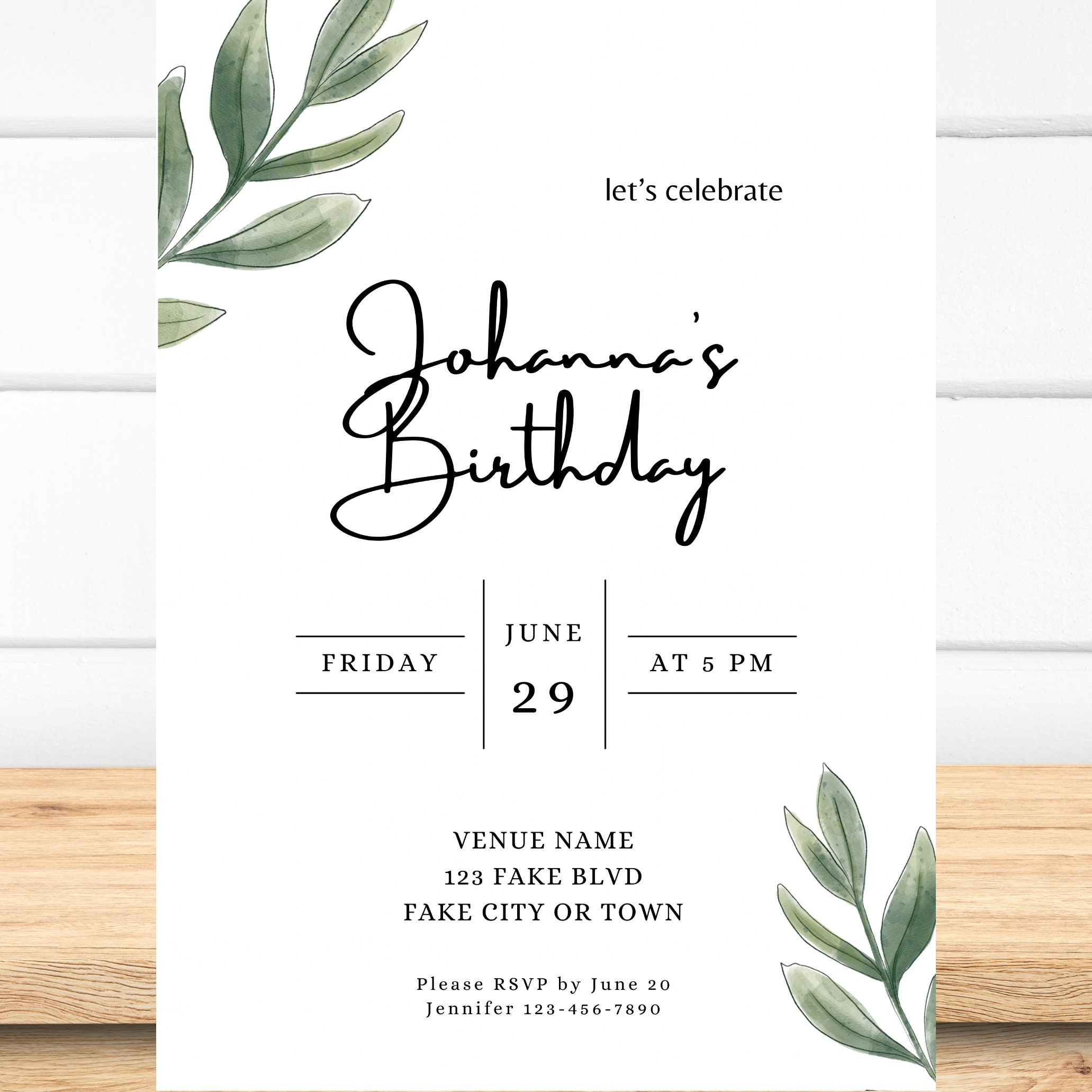 Simple Greenery Birthday Invitation, Simple Birthday Invitation, Modern ...