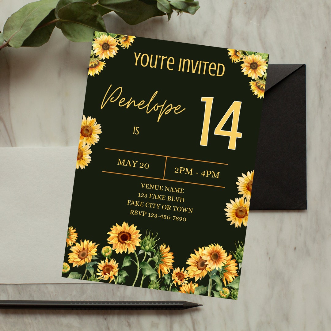 Sunflower Birthday Invitation, Sunflower Birthday Invite, Teenage Girl ...