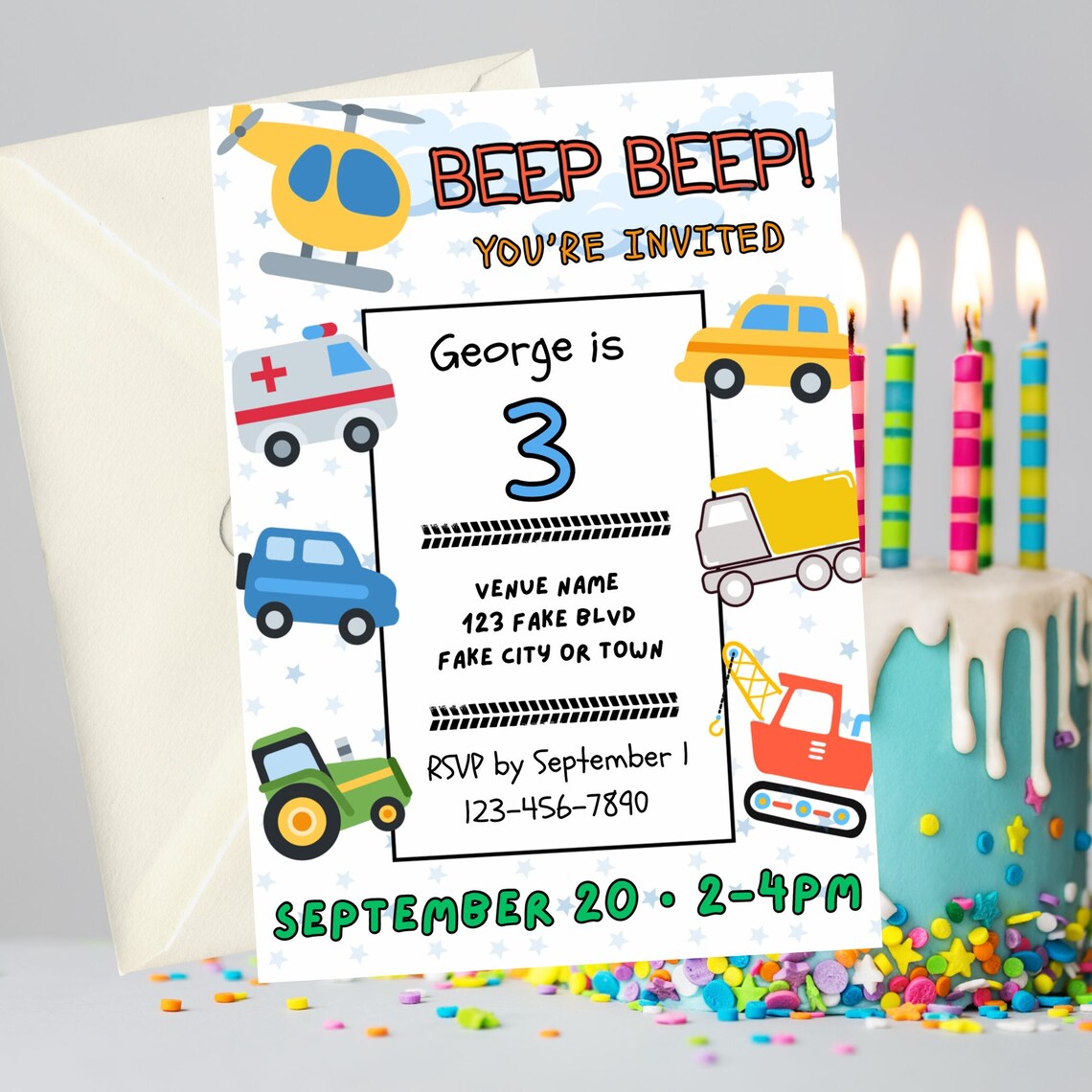 Cars and Truck Birthday Invitation, Excavator, Boys Party, Editable ...