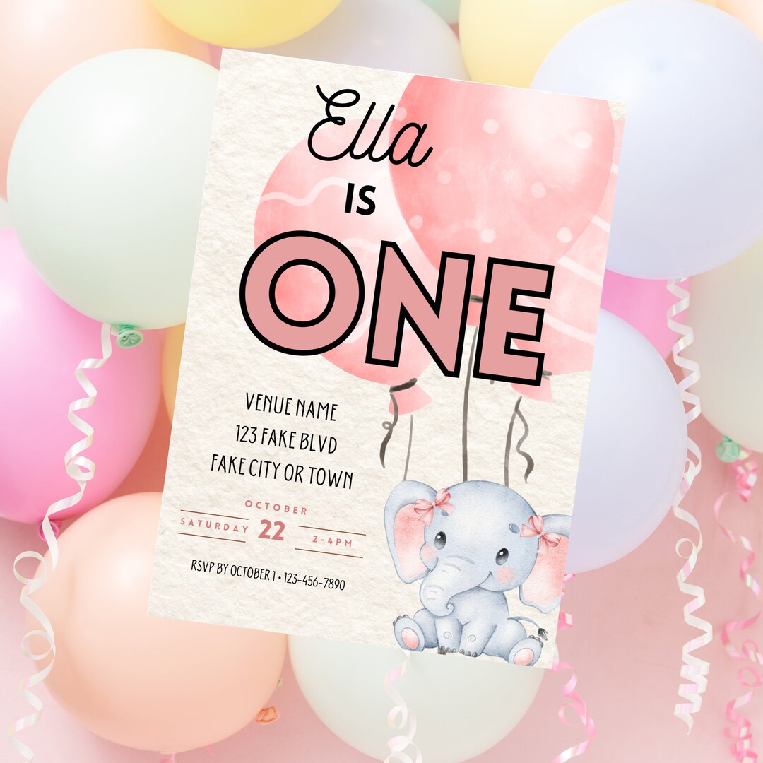 Elephant Birthday Invitation, Pink Elephant Birthday Invite, Baby Girl ...