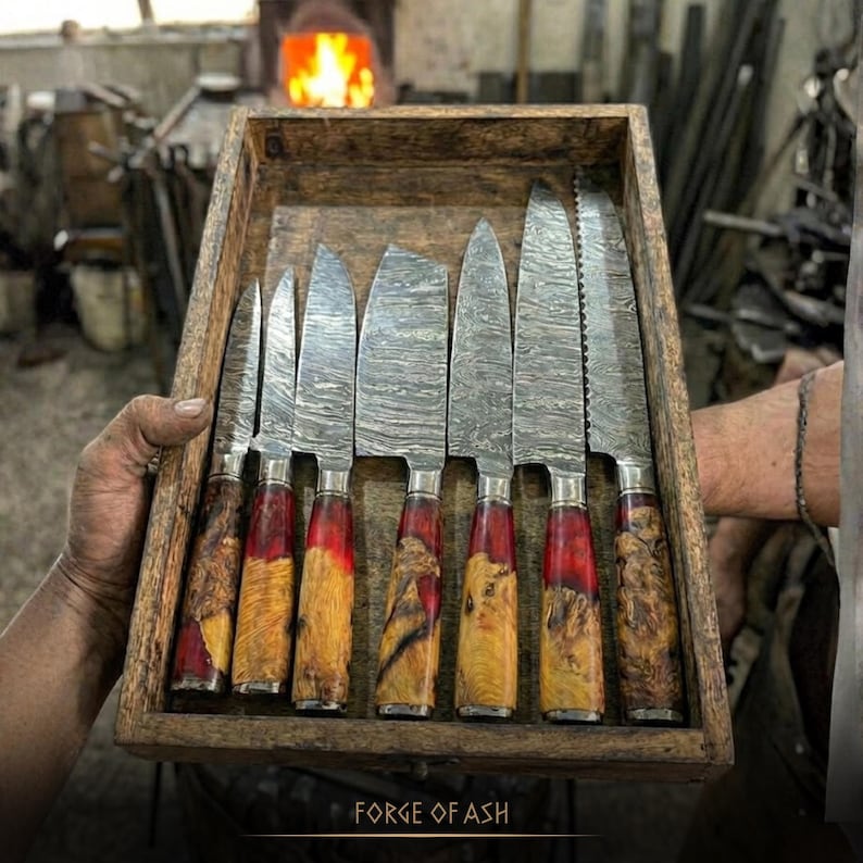 Unique Damascus Steel Kitchen Knife Set (7 Pc), Professional Chef ...