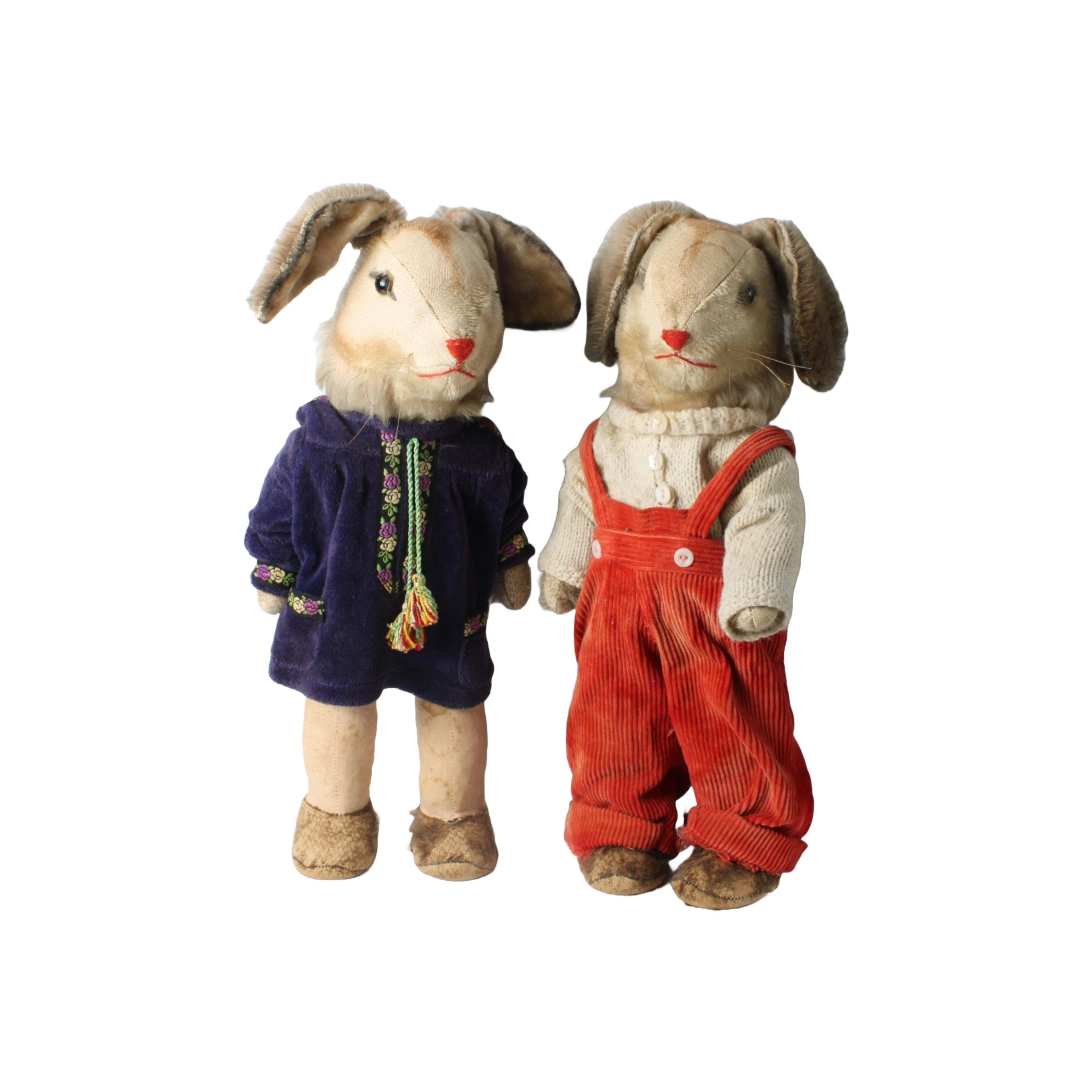 Antique Set of Two Rabbit Dolls – Handmade Fabric Outfits – Rare ...