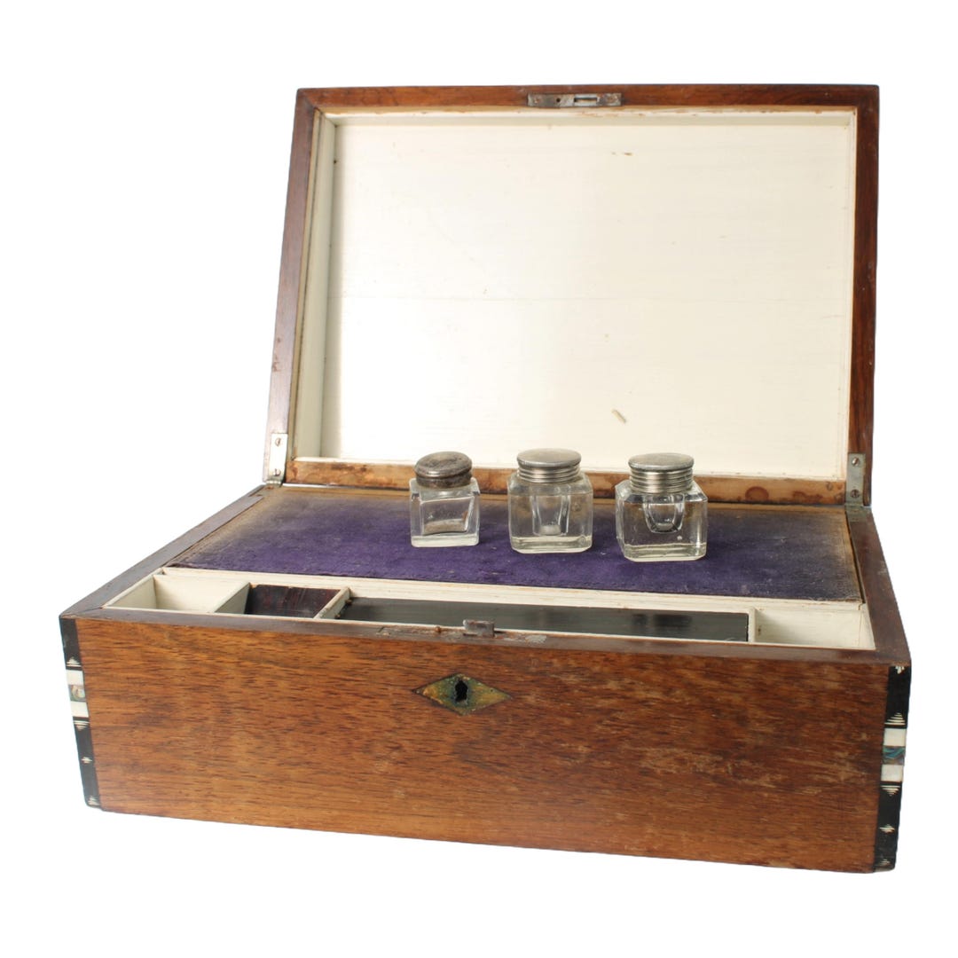 Antique Wooden Writing Box With Velvet Interior and Glass Inkwells ...