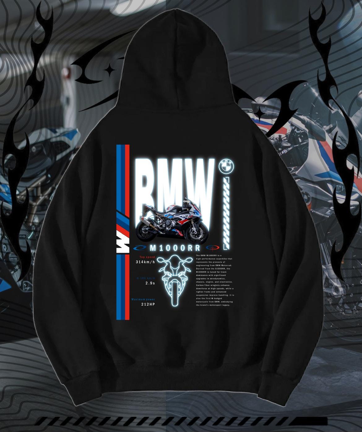 Reflective BMW M1000RR Motorcycle Graphic Design on Black Hoodie - Etsy
