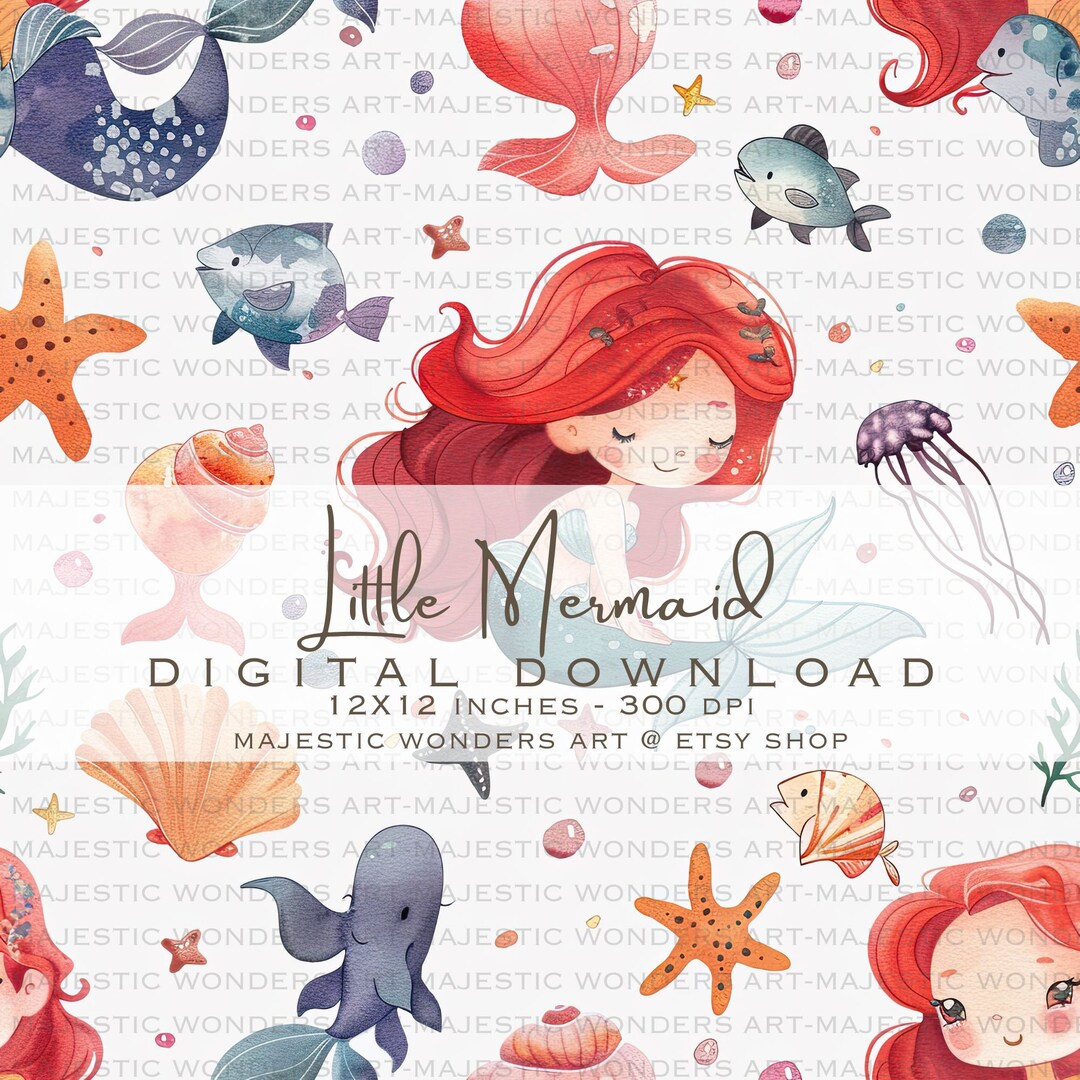 Little Mermaid Seamless Pattern Watercolor, Princess Ariel Digital Art ...