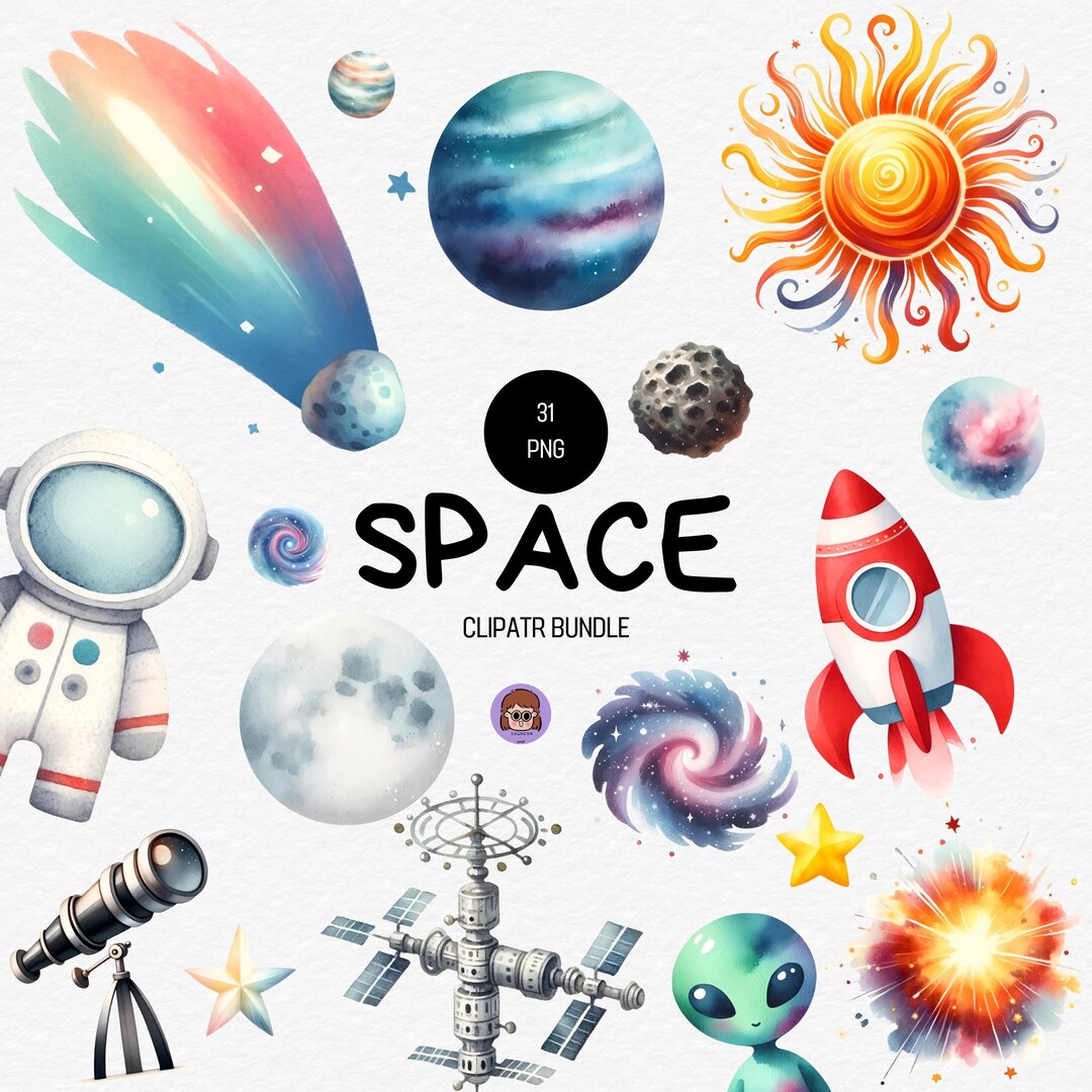 Space Watercolor Clipart, Cute Astronaut , Planets Clip Art, Rockets ...