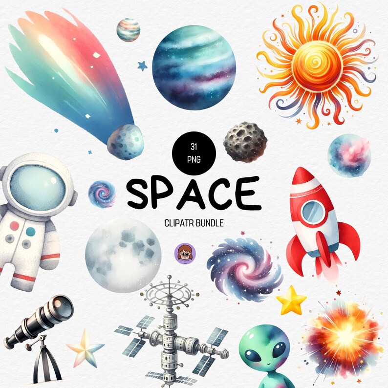 Space Watercolor Clipart, Cute Astronaut , Planets Clip Art, Rockets ...