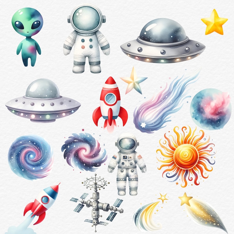 Space Watercolor Clipart, Cute Astronaut , Planets Clip Art, Rockets ...