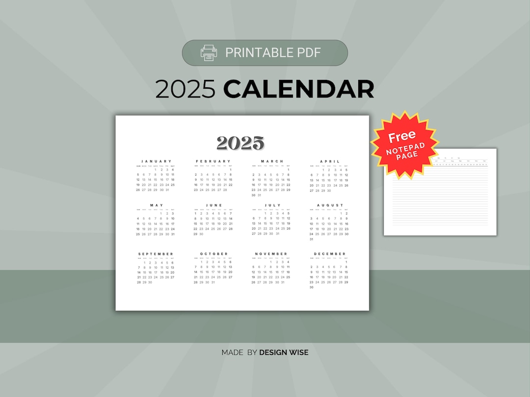 2025 Yearly Calendar PDF. Bonus Freebie Notepad Page. Year-at-a-glance ...